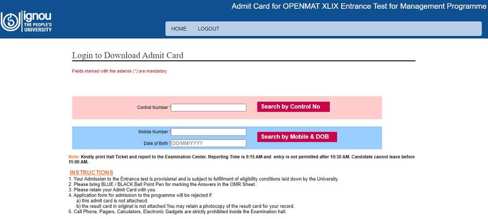 IGNOU OPENMAT Admit Card 2021 Download, ignou.ac.in XLIX MBA Hall Ticket