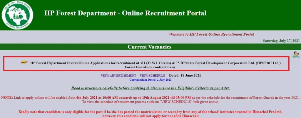 HP Forest Guard Recruitment 2021 Apply Online Last Date forp.hp.gov.in
